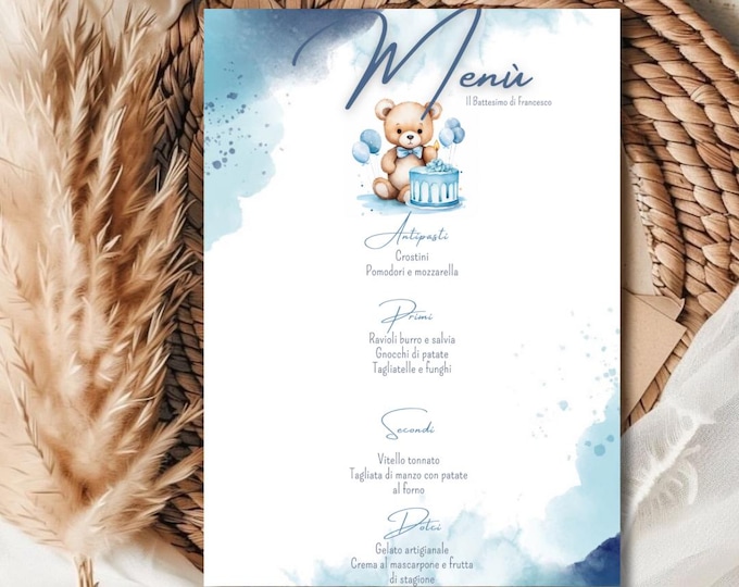 Printable Digital Menu - Digital Baptism Menu - Teddy Bear Theme Menu ...
