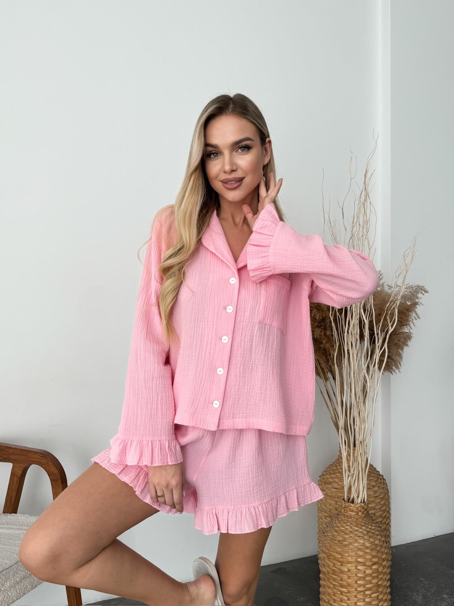 Muslin Sleepwear Crinkled Cotton Pajamas Muslin Home Clothes Wedding Pajama Set for Bachelorette ...