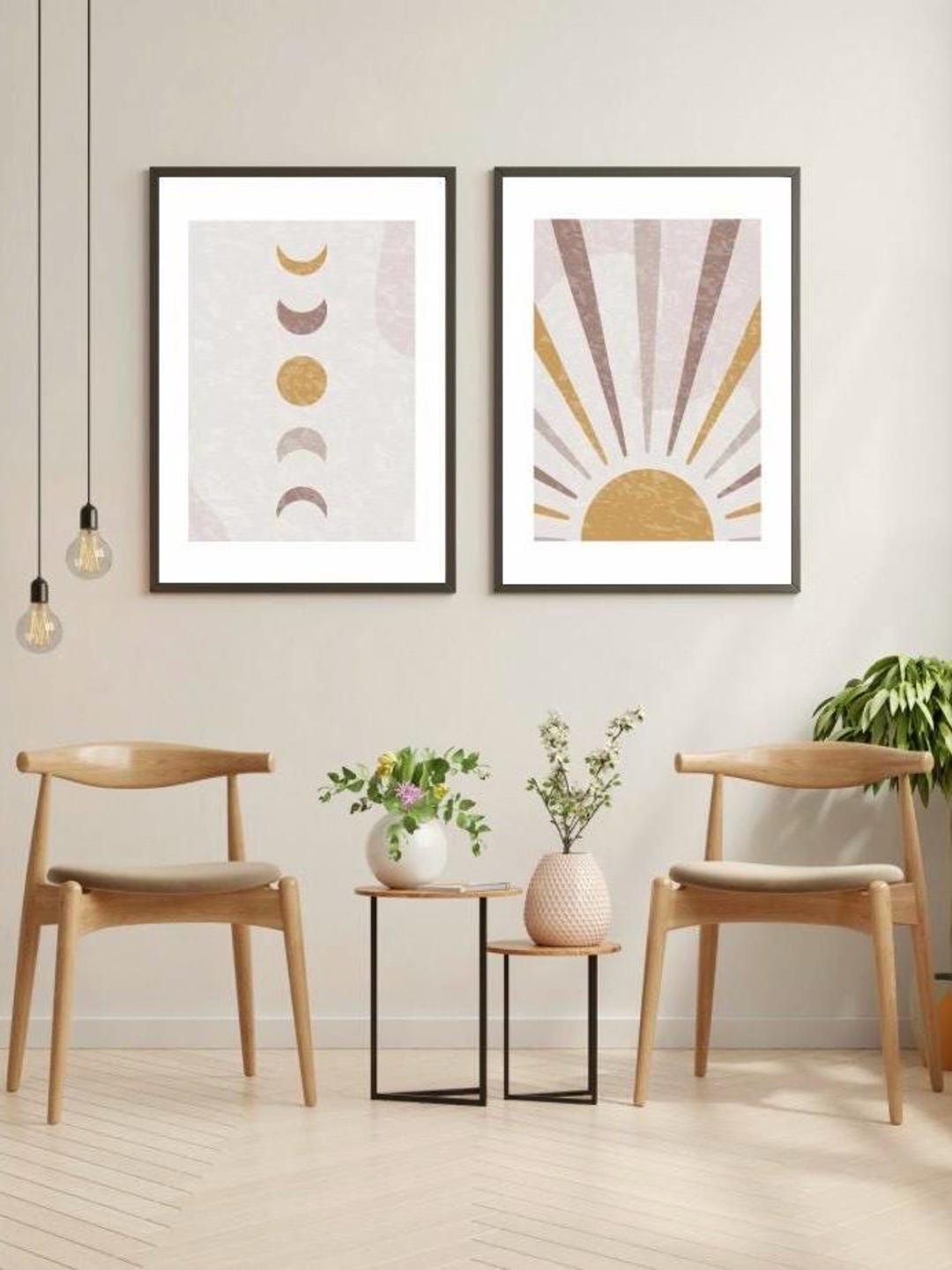 Boho Sun & Moon Phases Print Set: Mid-century Modern Wall Art (digital ...
