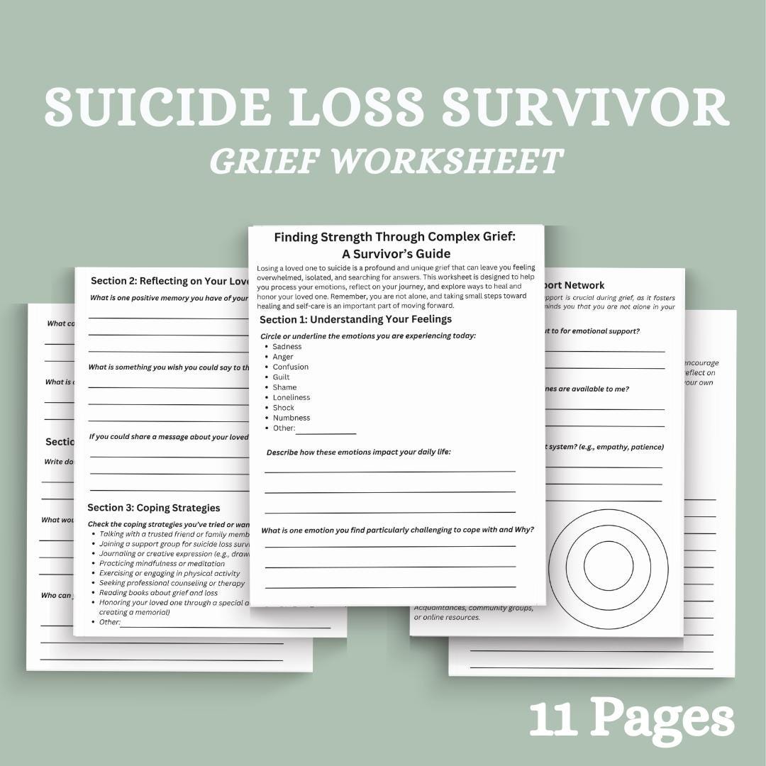 Suicide Loss Grief Worksheet Printable Survivor Healing & Coping Tools ...