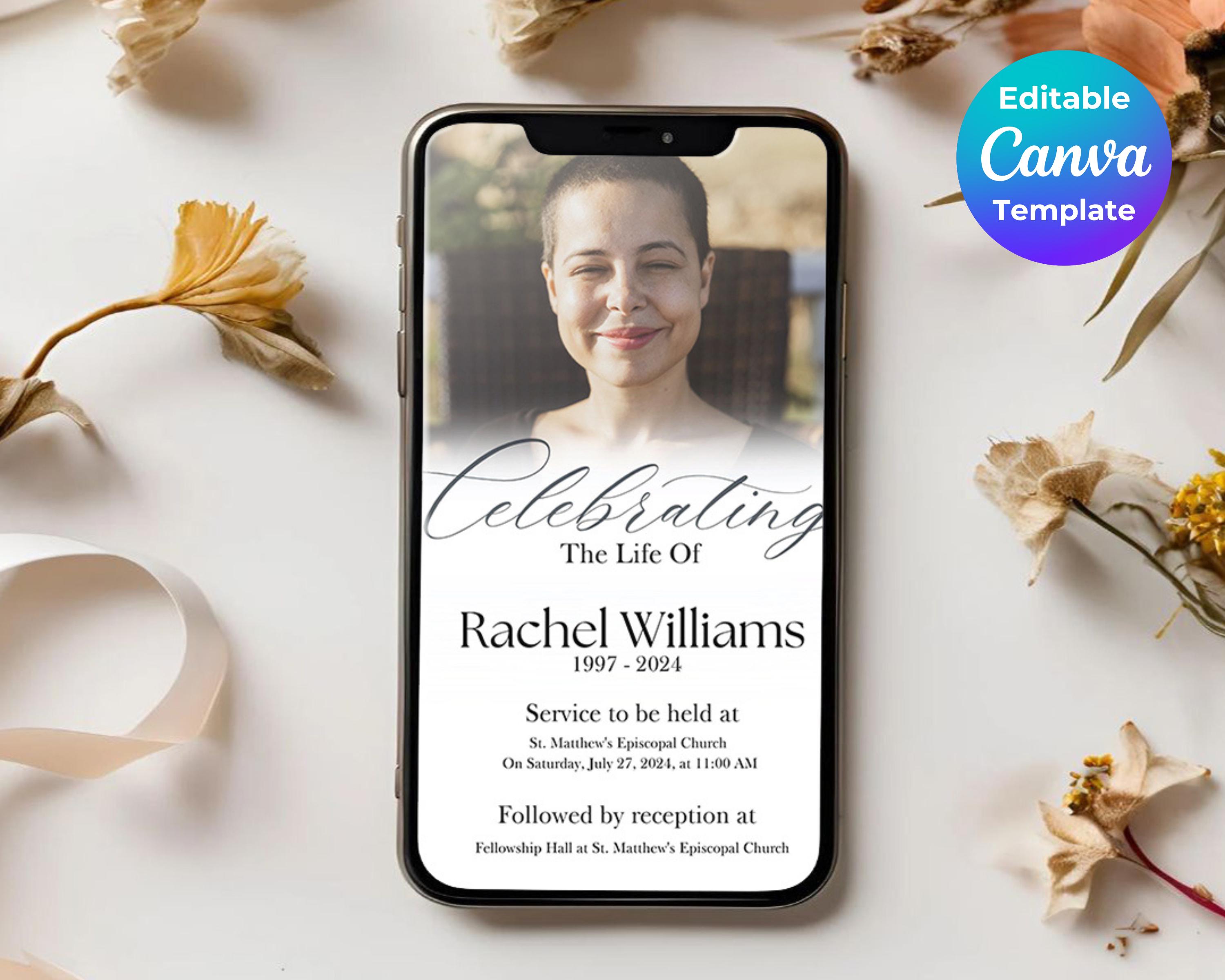 Funeral Evite, Celebration of Life E-invite, Editable Funeral ...