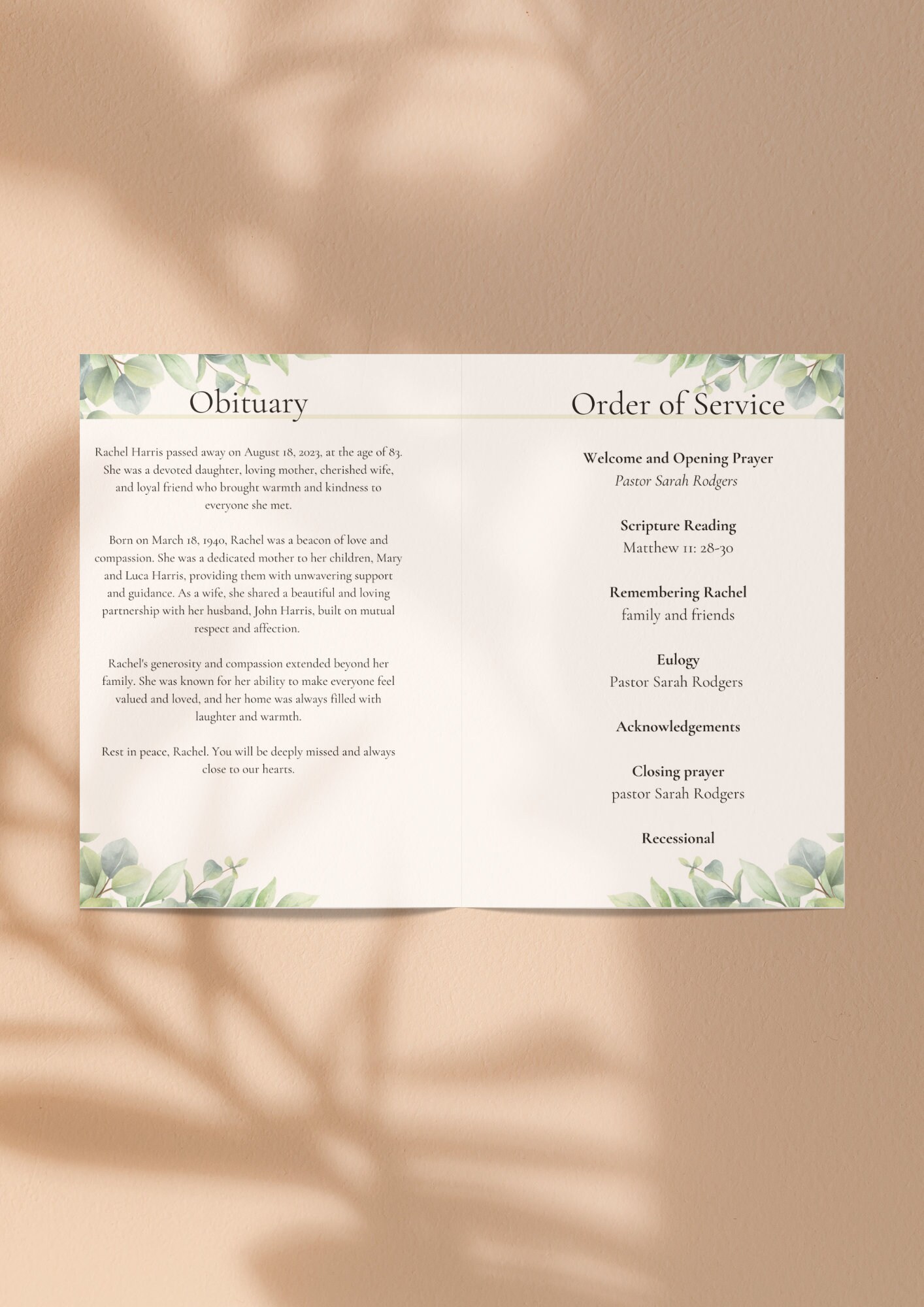 Green Cross Funeral Program, Order of Service, Obituary Template ...