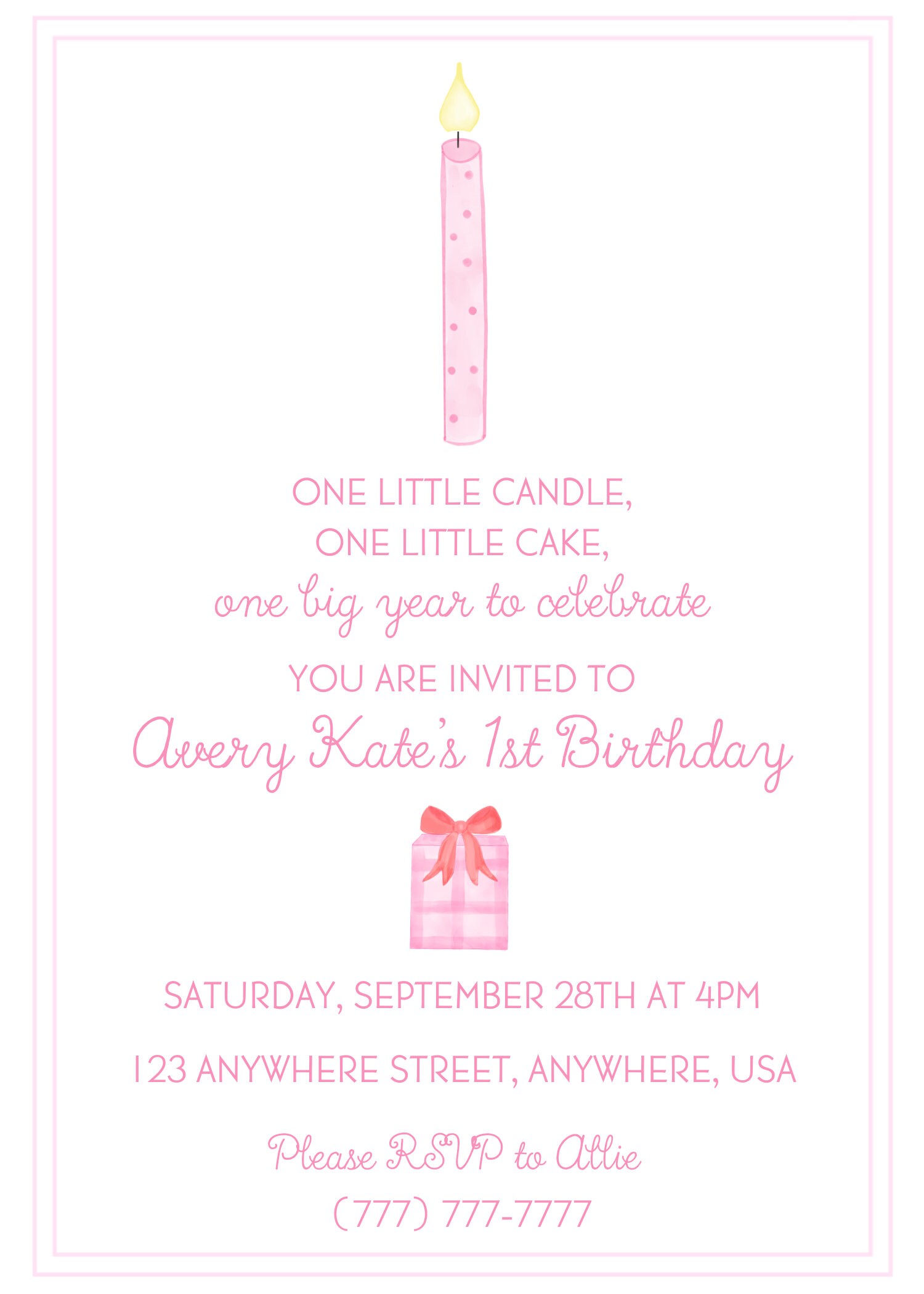 Digital Watercolor Candle Invitation, Girl First Birthday Party Invite ...