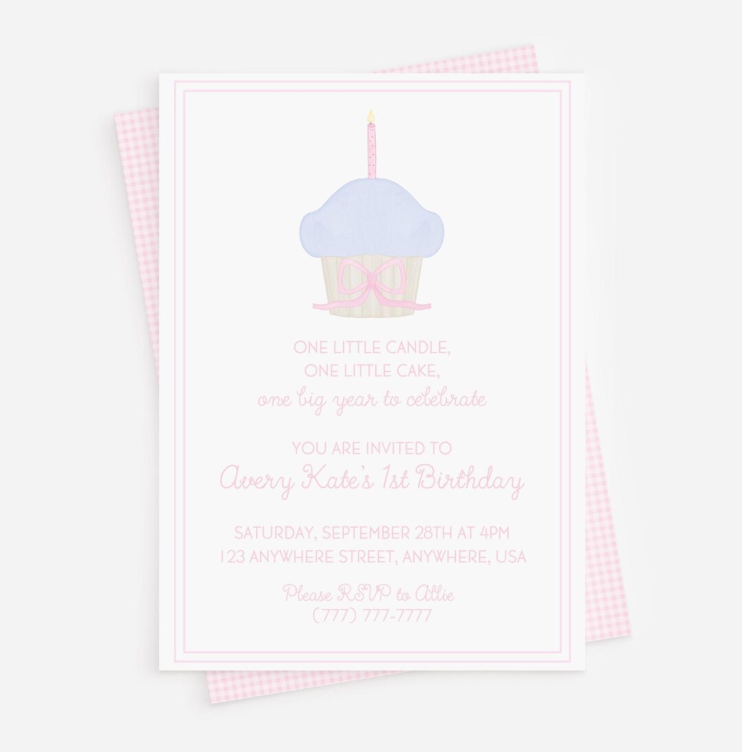 Watercolor Cupcake Invitation, Girl First Birthday Party Invite, Pink ...