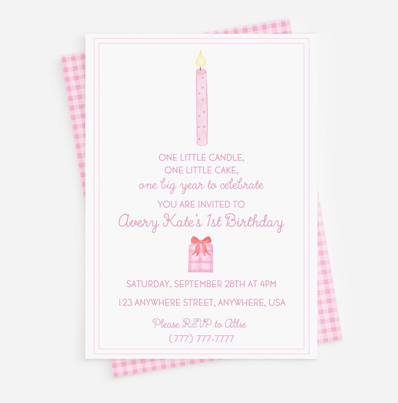 Digital Watercolor Candle Invitation, Girl First Birthday Party Invite ...