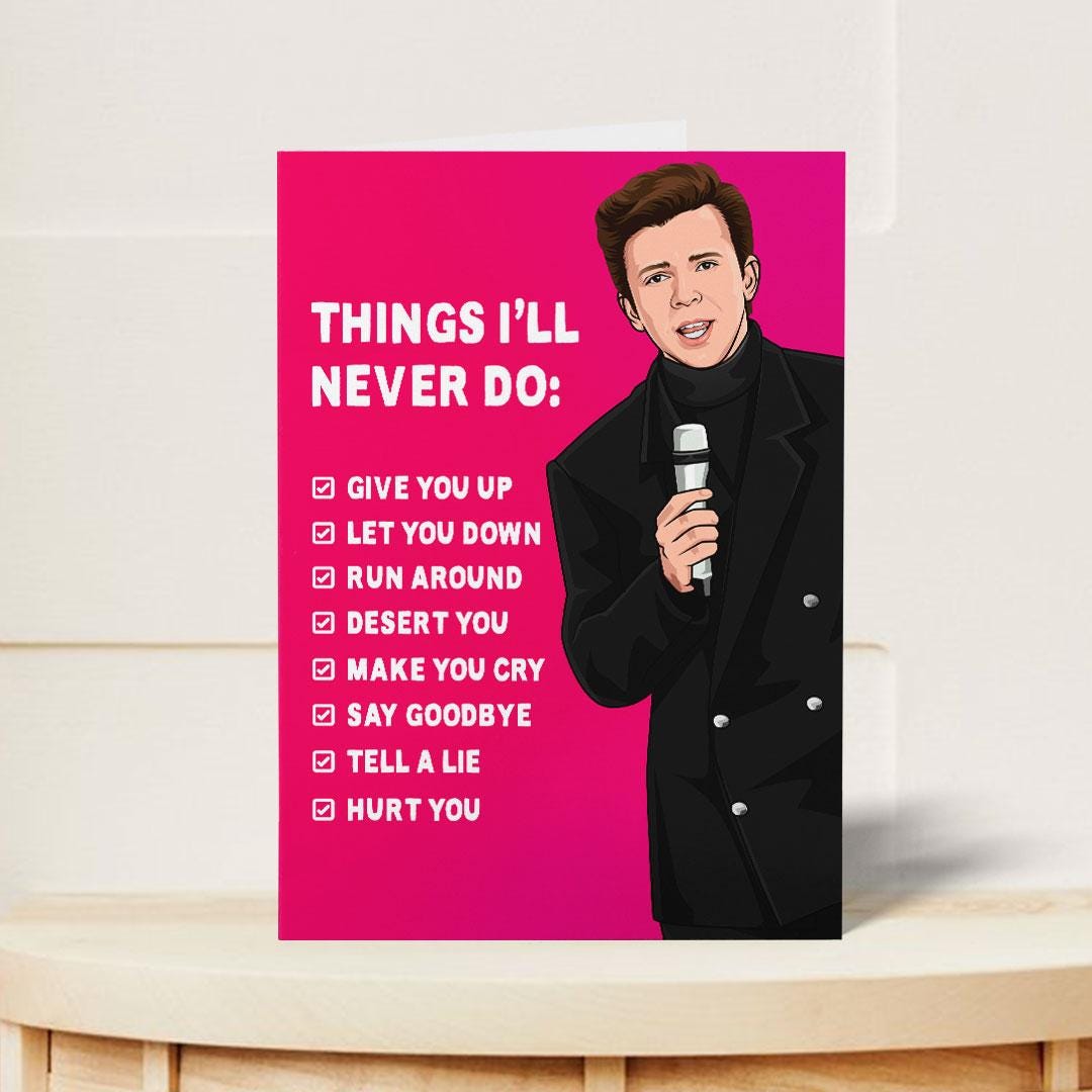 Rick Astley Funny Valentine's Day Card Funny Card for Her or Him ...