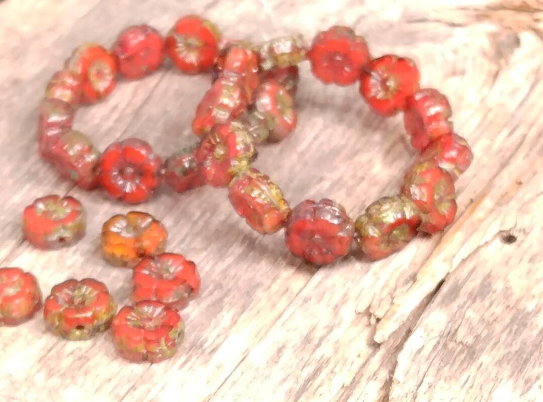 Burnt Orange Opaline Glass Hibiscus Flower Beads With Picasso Finish