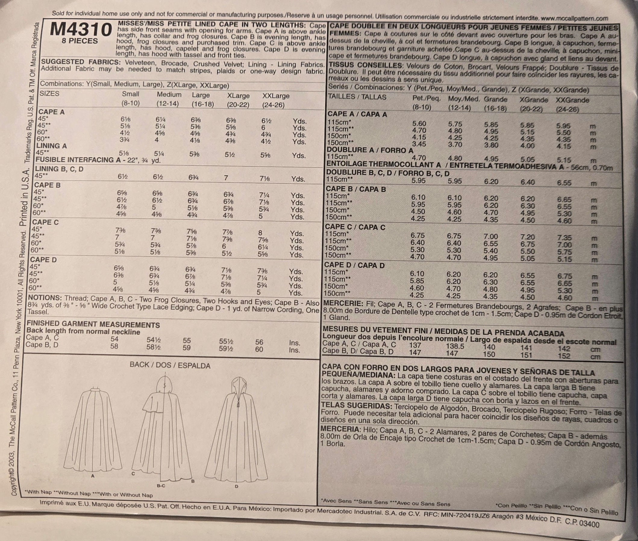 Mccalls Easy Cloak Pattern 4310 Sewing Pattern - Etsy