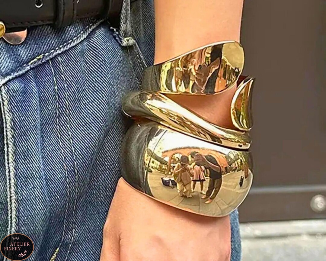 Geometric Bangles Chunk Cuff Vintage Irregular Gold & Silver Spring Cuff Bracelets , Bold ...
