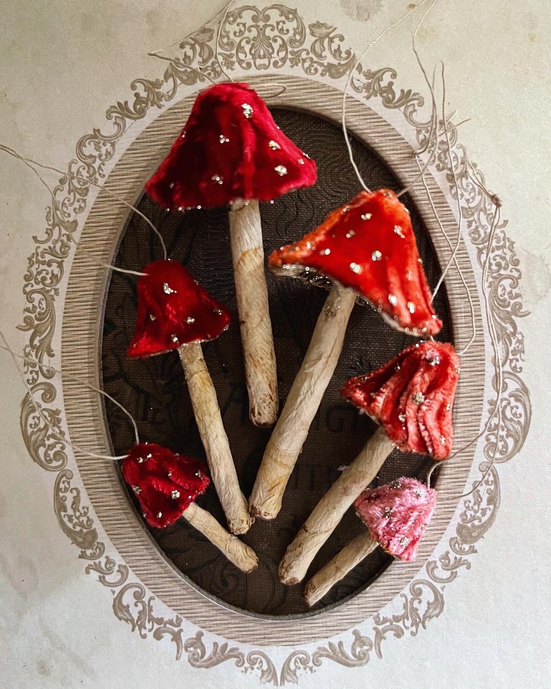 Red Silk Velvet Mushroom Ornaments Set of 6 Made to Order Woodland ...