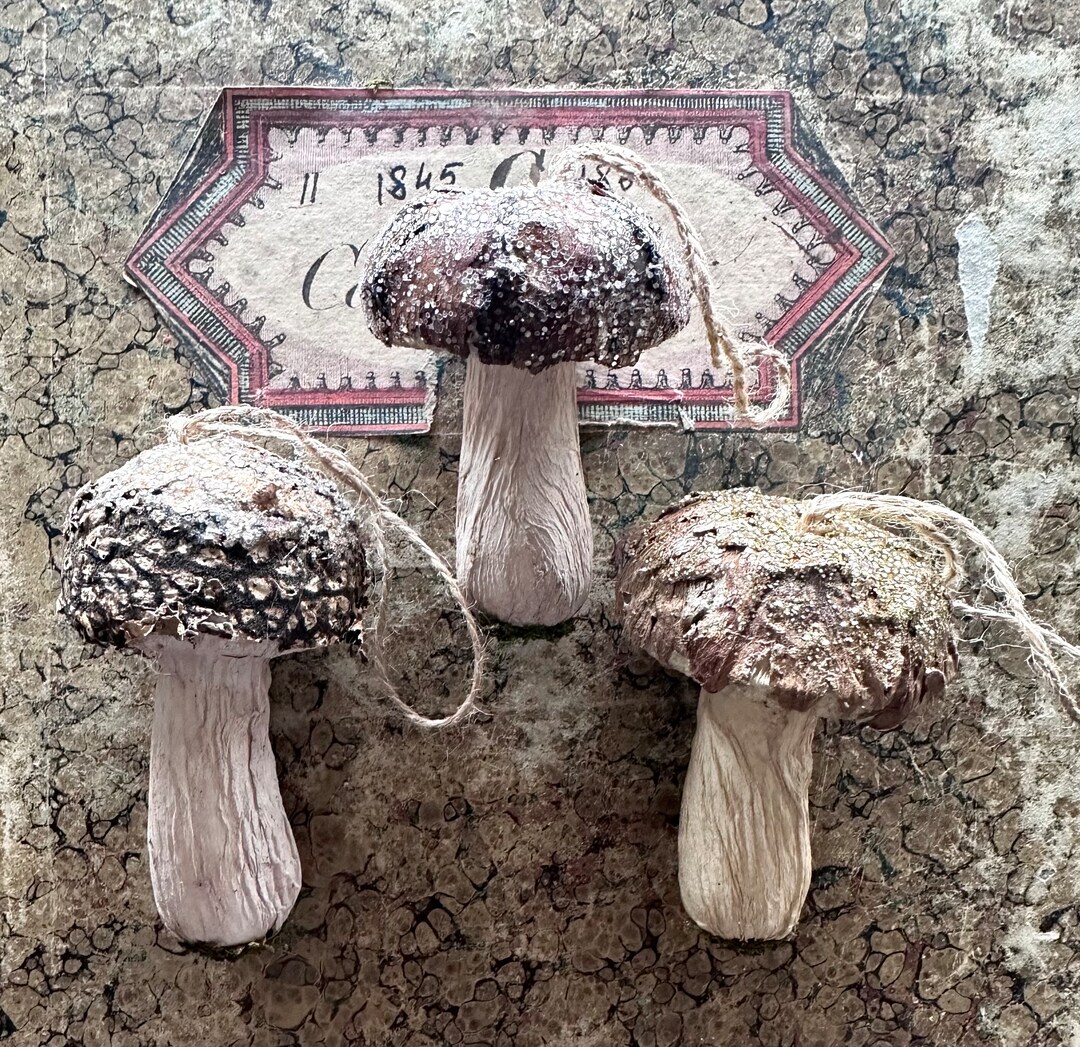 Fairy Toadstools Glittered Rustic Mushroom Bark and Moss Ornaments ...
