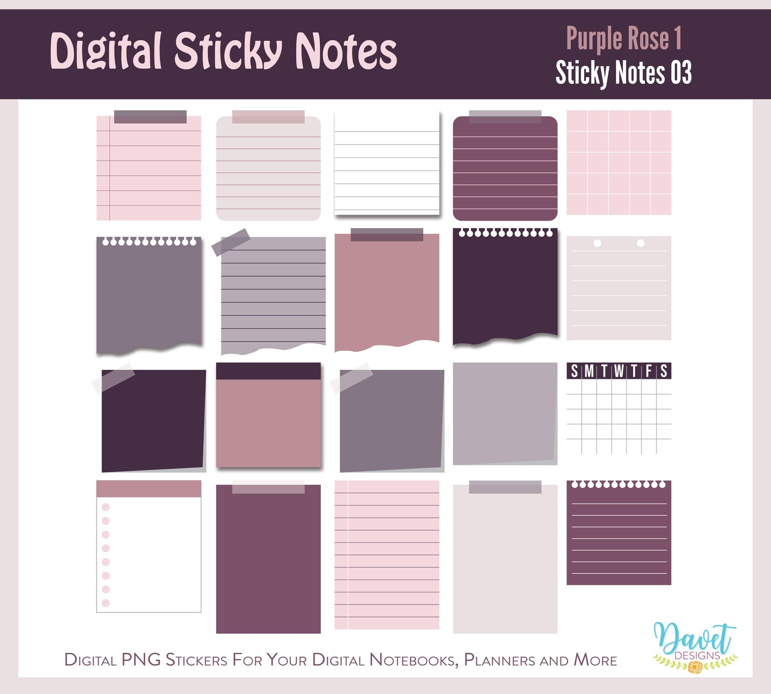 120 Digital Purple Rose Sticky Note Stickers / Goodnotes File ...