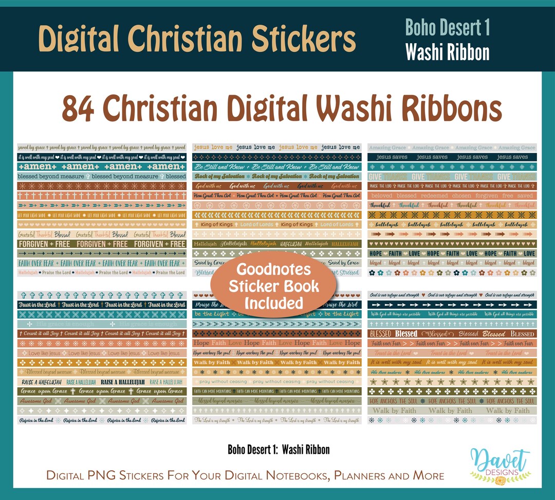84 Digital Christian Boho Washi Tape Ribbon Stickers Bible Verses ...