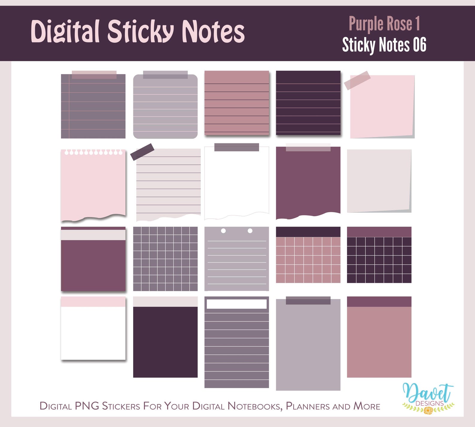 120 Digital Purple Rose Sticky Note Stickers / Goodnotes File ...