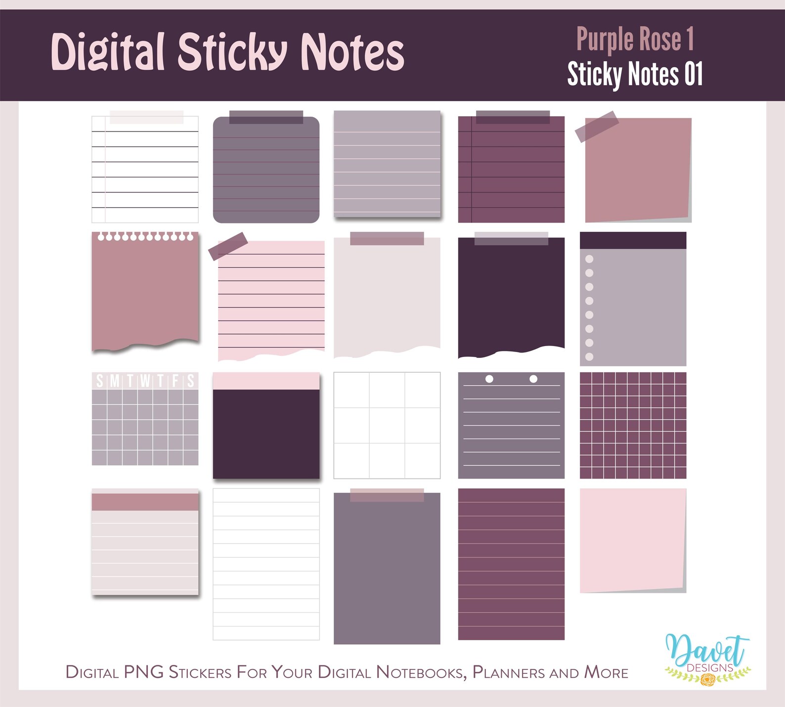 120 Digital Purple Rose Sticky Note Stickers / Goodnotes File ...
