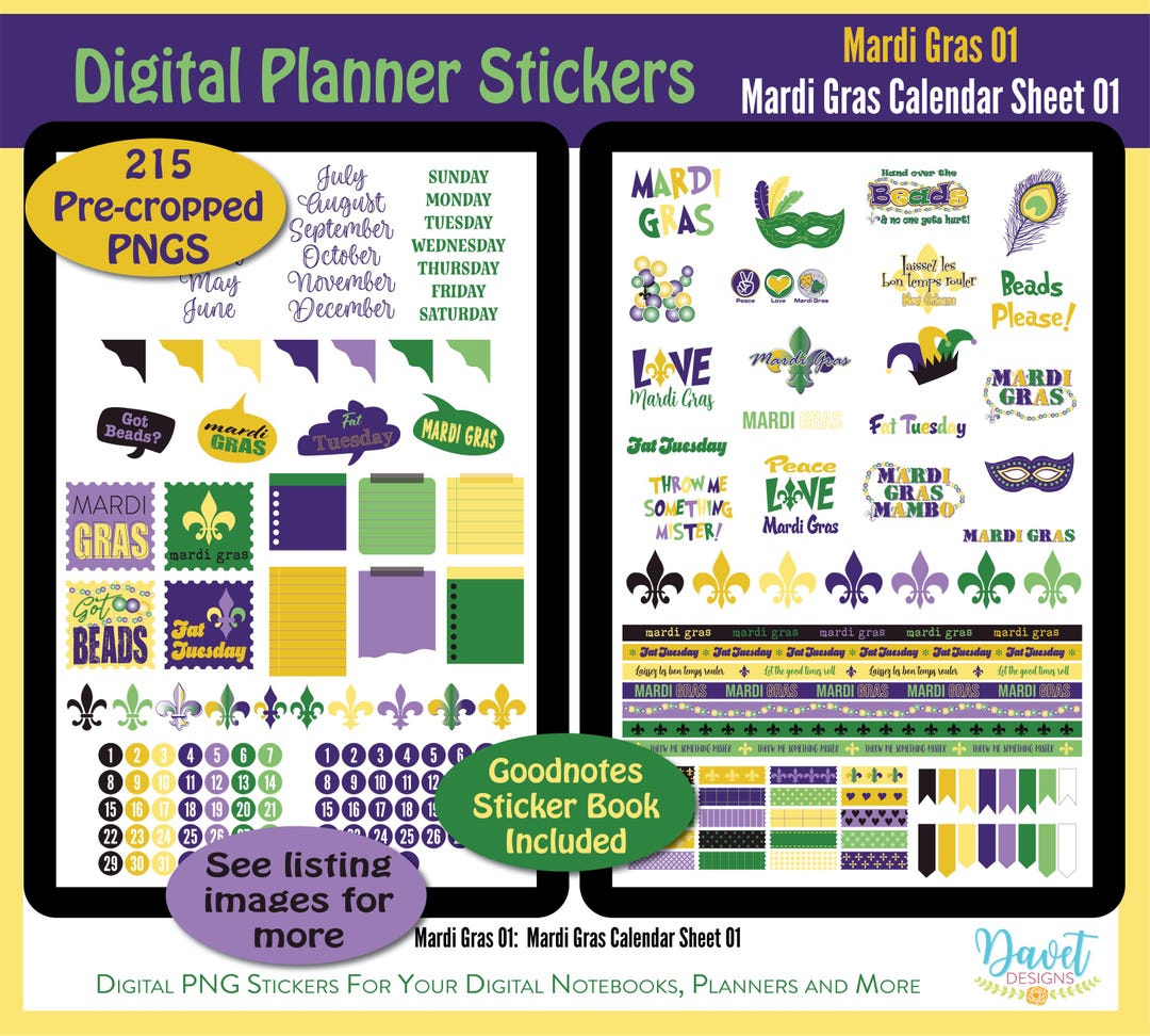 Digital Mardi Gras Calendar Planner Stickers, Goodnotes File, Planner ...