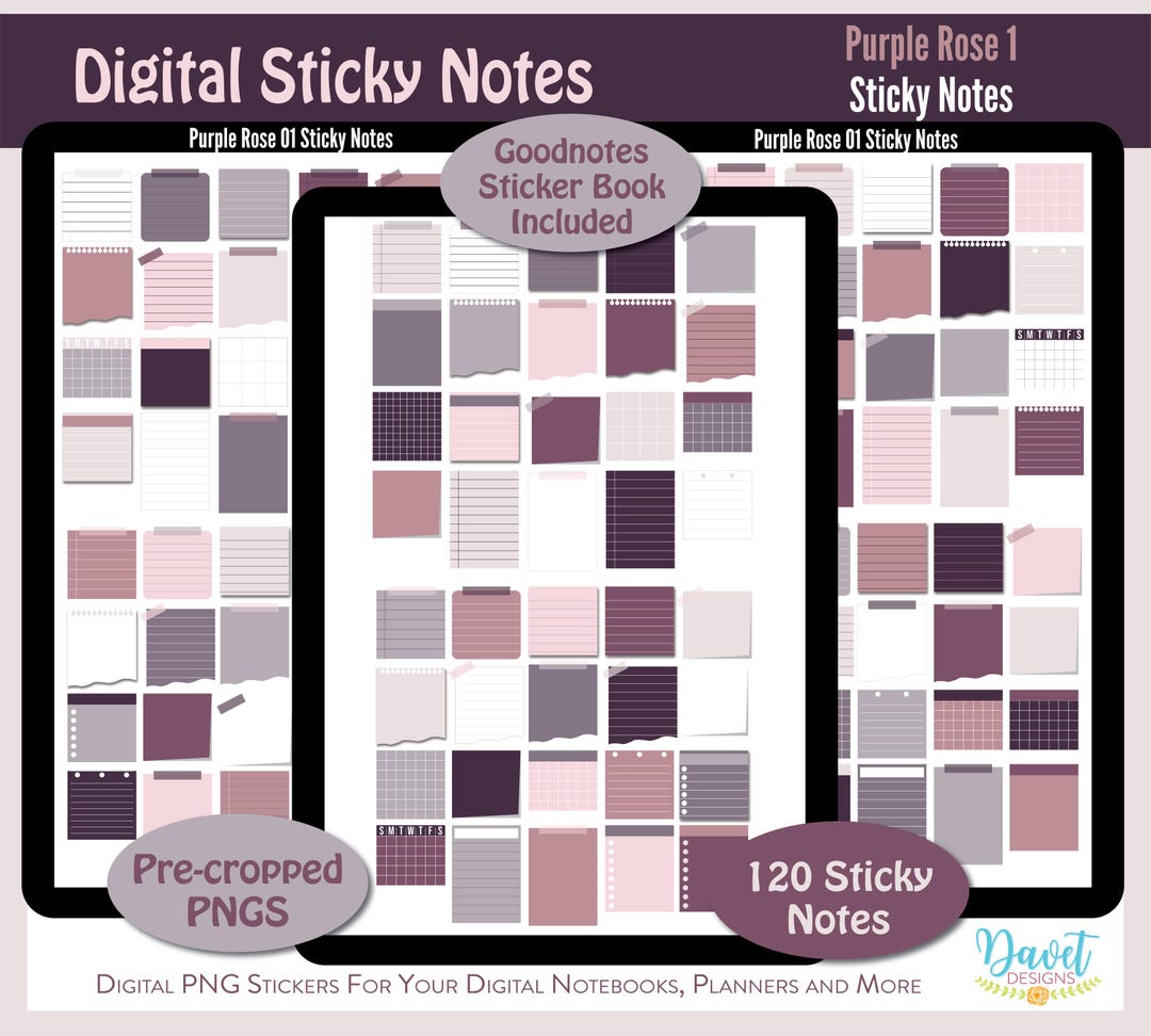 120 Digital Purple Rose Sticky Note Stickers / Goodnotes File ...
