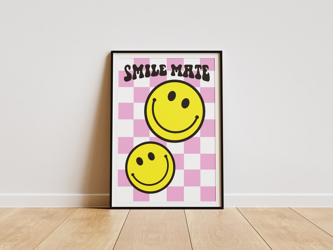 Smiley Face Checkerboard Print Rave Maximalism Poster Typographic Wall ...