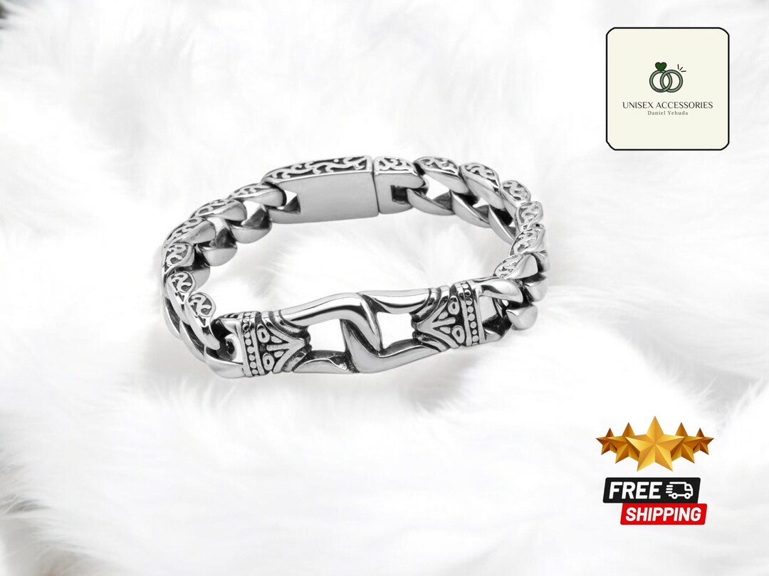 Stainless Steel Chain Bracelet Punk Men's Wrist Jewelry Vintage Cuban ...