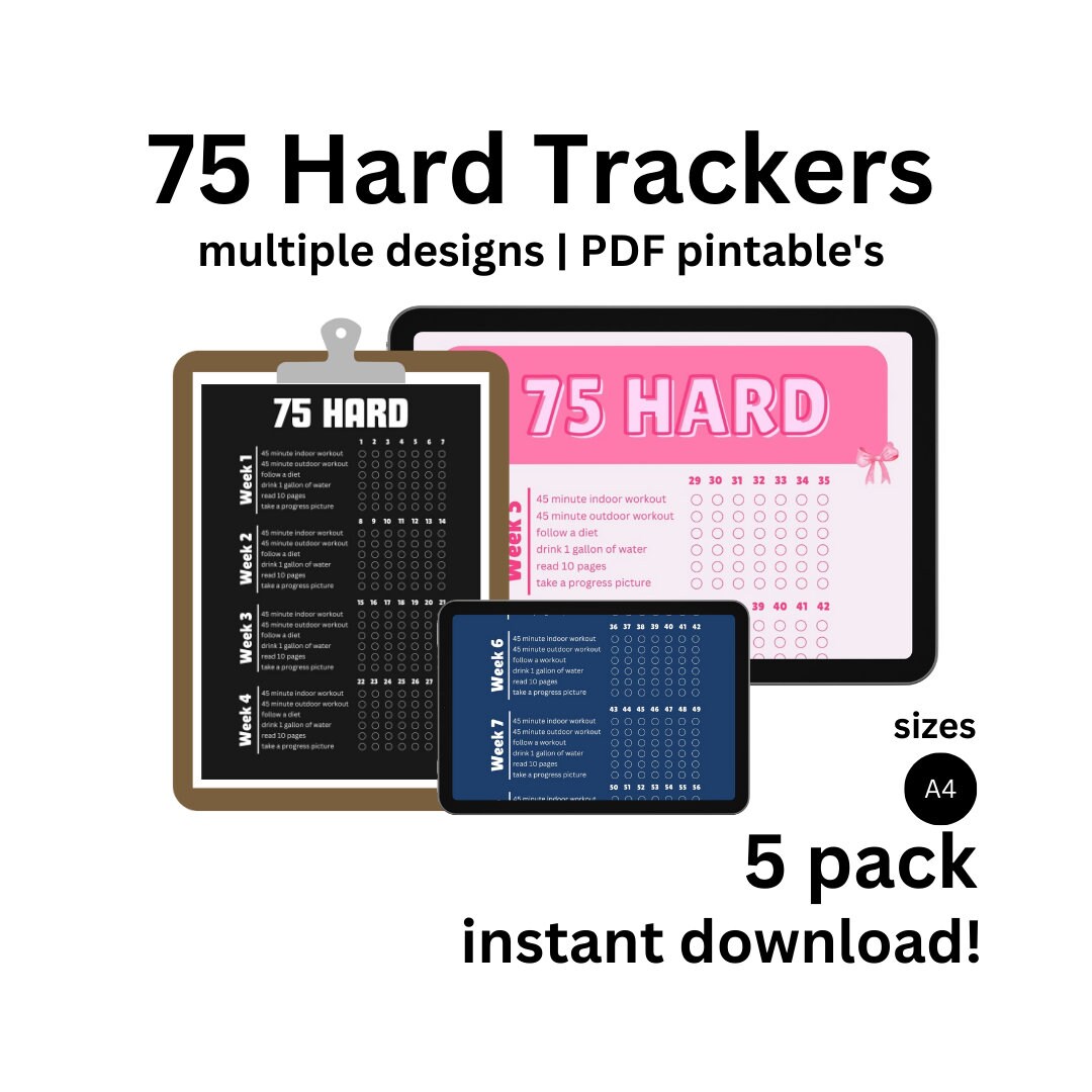 75 HARD Challenge Tracking Sheets 5 Pack Printable PDF Instant Download ...