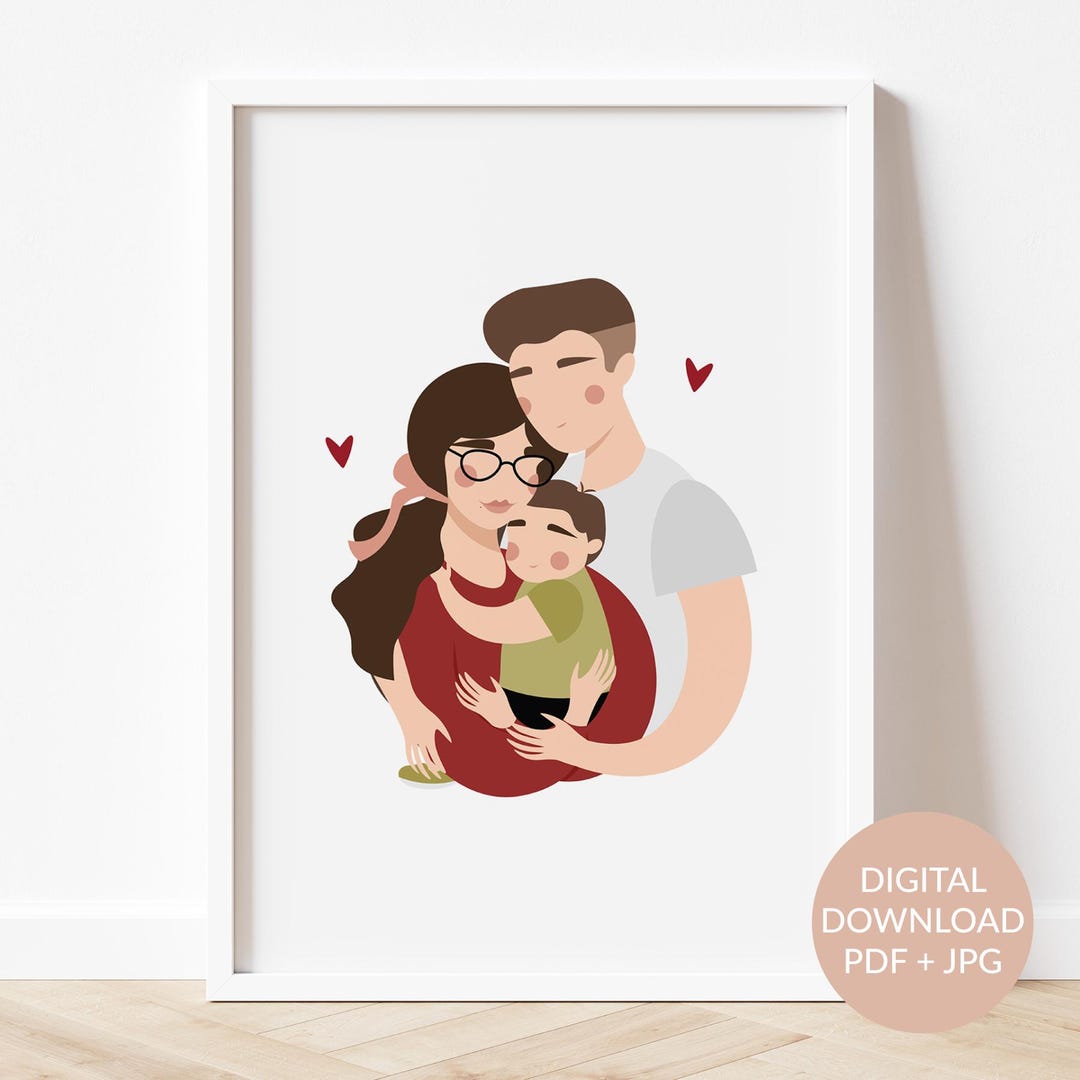 Modern Custom Family Portrait of 3, Minimalistic Faceless Illustration ...