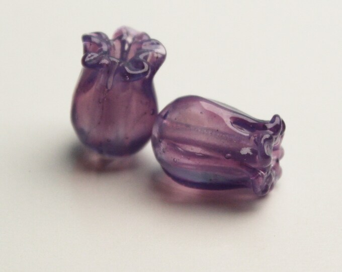 Pair of Handmade Artisan Lampwork Glass Flower Beads, PURPLE JAPONICA ...