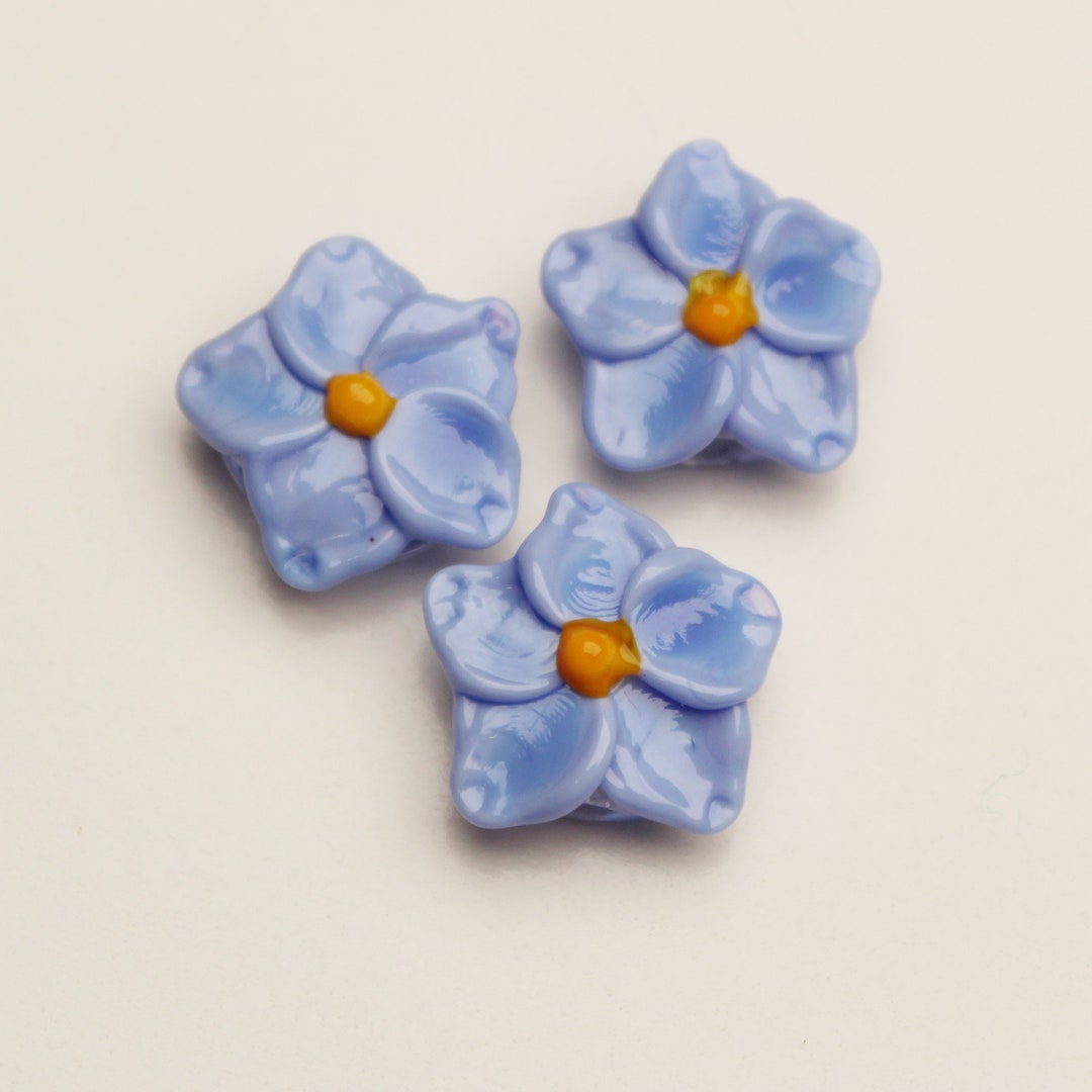 Forget Me Not Beads, Set of 3 Handmade Artisan Lampwork Glass in Light ...