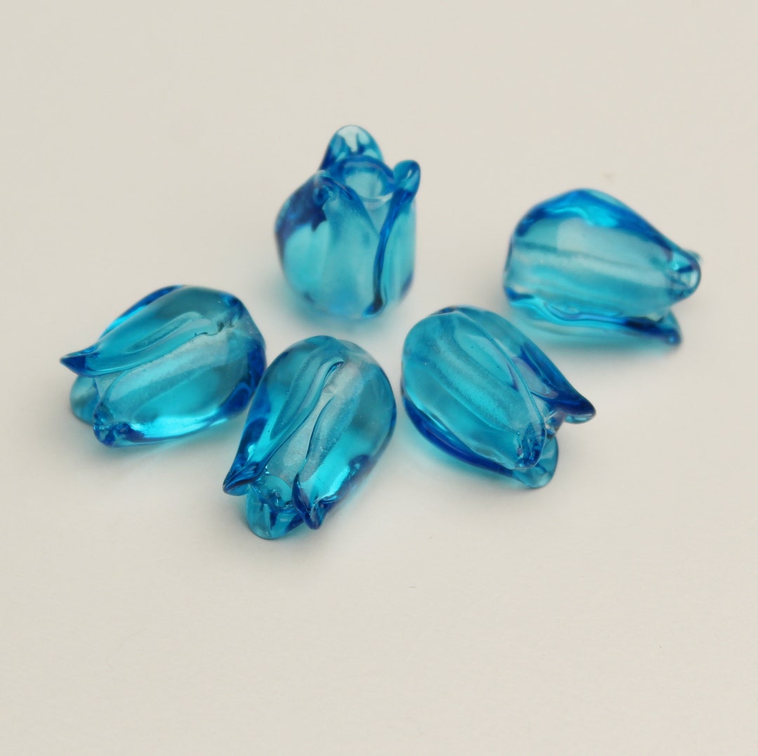 Set of 5 TURQUOISE BLUE TULIPS, Handmade Lampwork Glass Floral Beads ...
