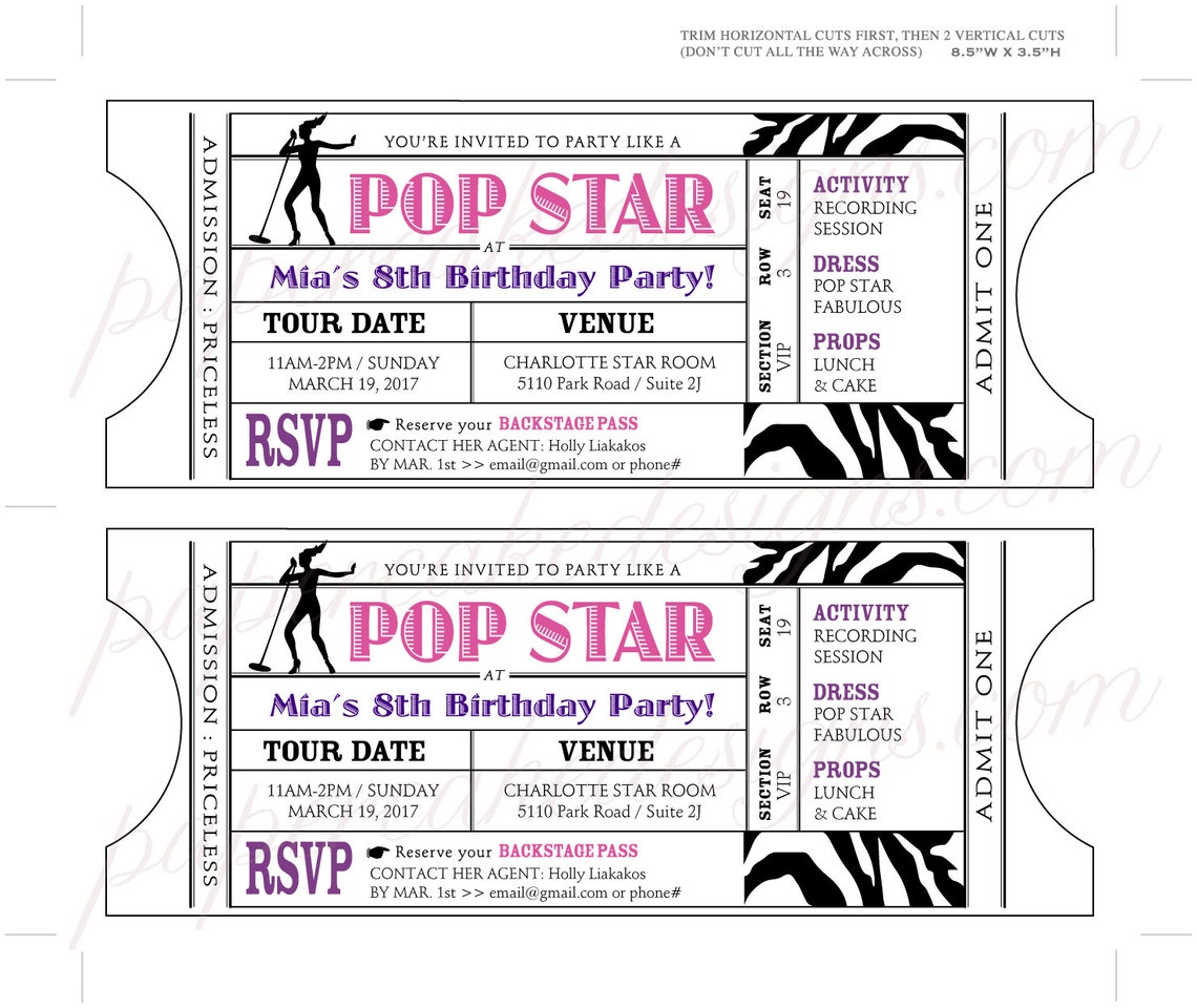 Pop Star Vintage Invitation Ticket / Girls Birthday Party / DIY ...