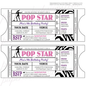 Pop Star Vintage Invitation Ticket / Girls Birthday Party / DIY ...