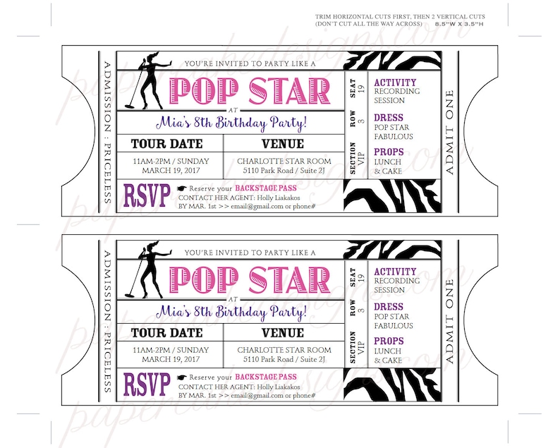 Pop Star Vintage Invitation Ticket / Girls Birthday Party / - Etsy