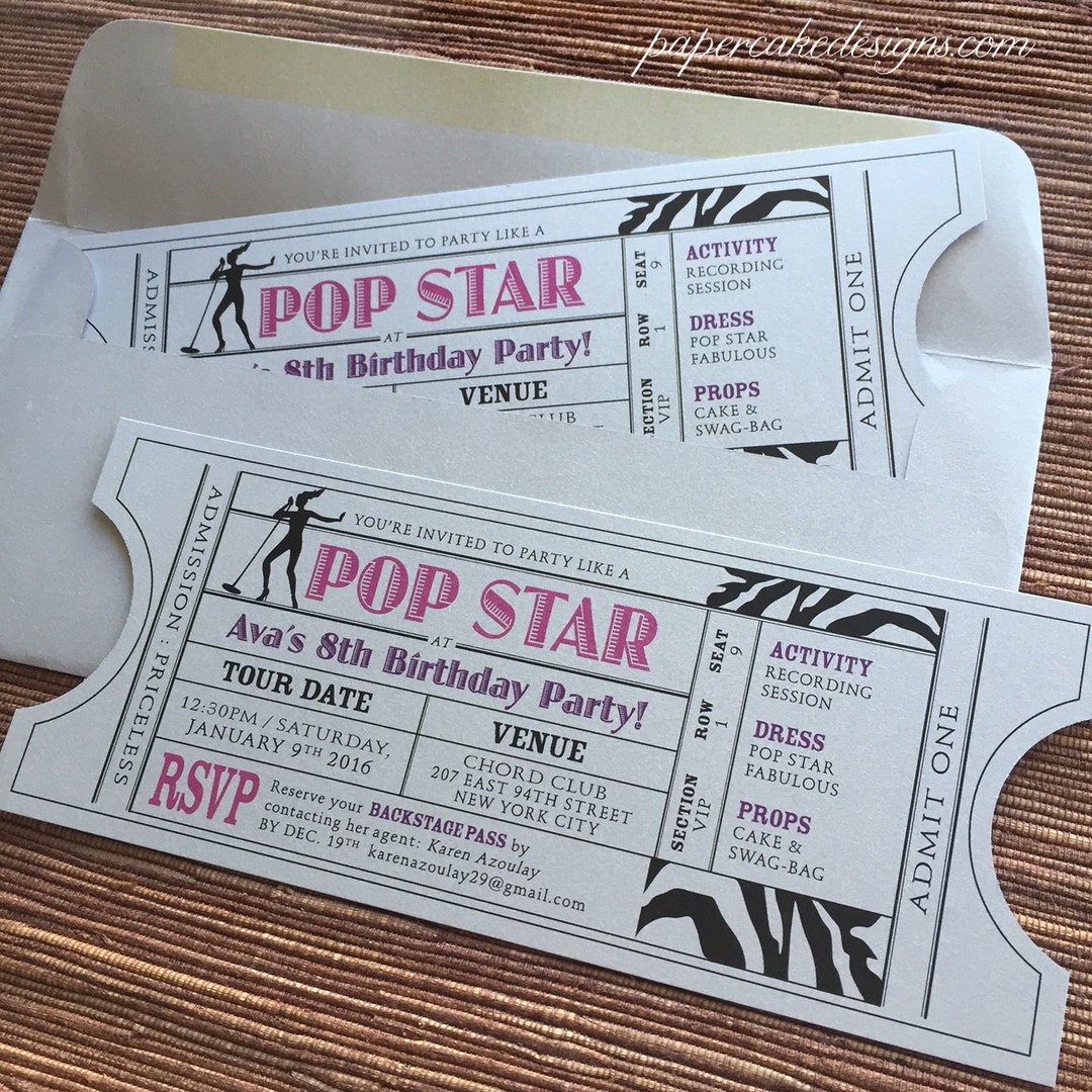 Pop Star Vintage Invitation Ticket / Girls Birthday Party / DIY ...