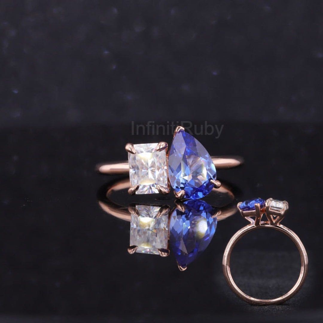 Toi Et Moi Dual Stone Engagement Ring Emerald & Pear Cut Diamond Ring ...