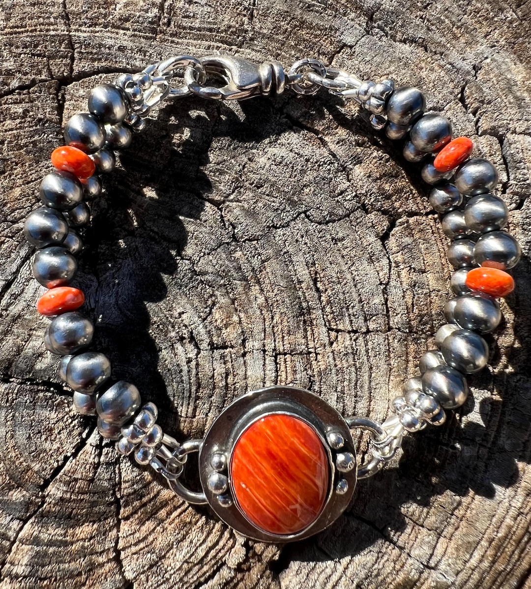 Orange Spiny Oyster Bracelet Artisan Sterling Silver Navajo Pearl ...