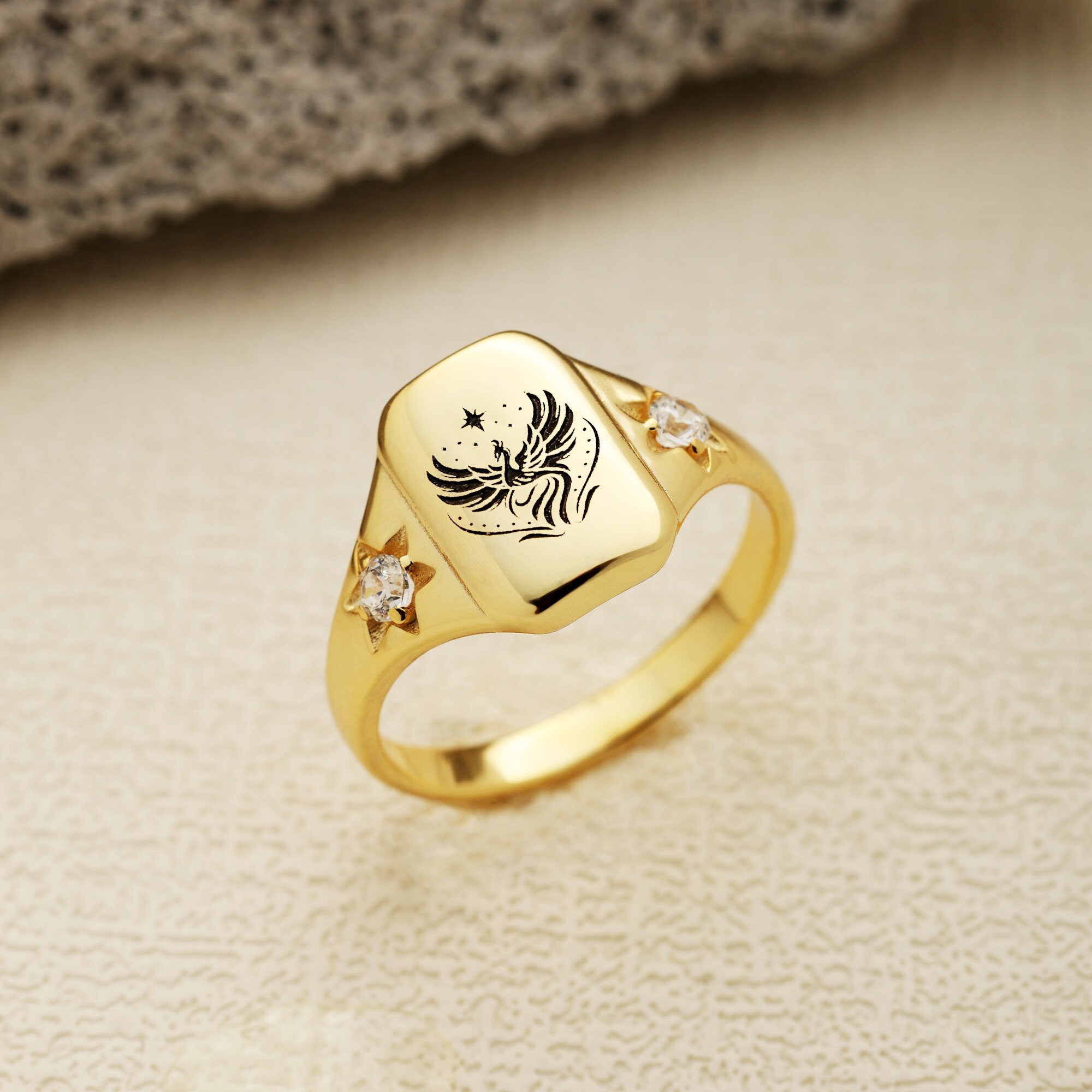Gold Phoenix Ring, Spiritual Ring, Phoenix Signet Ring, Engraved Square ...