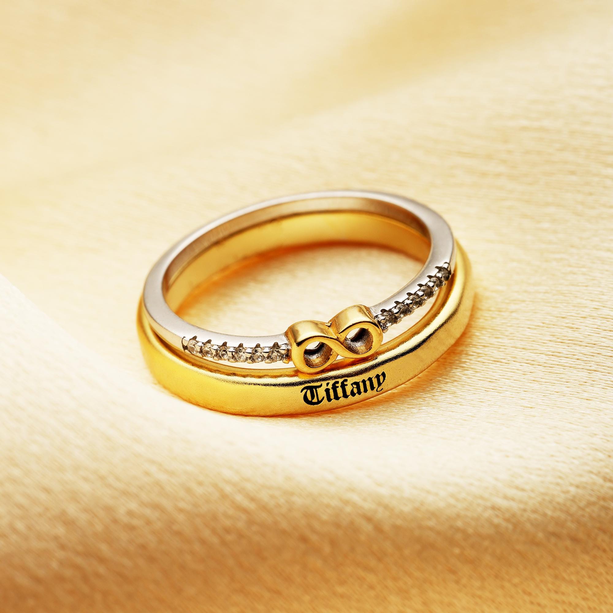 Custom Stacking Name Rings, Diamond Infinity Ring With Gothic Name Ring ...