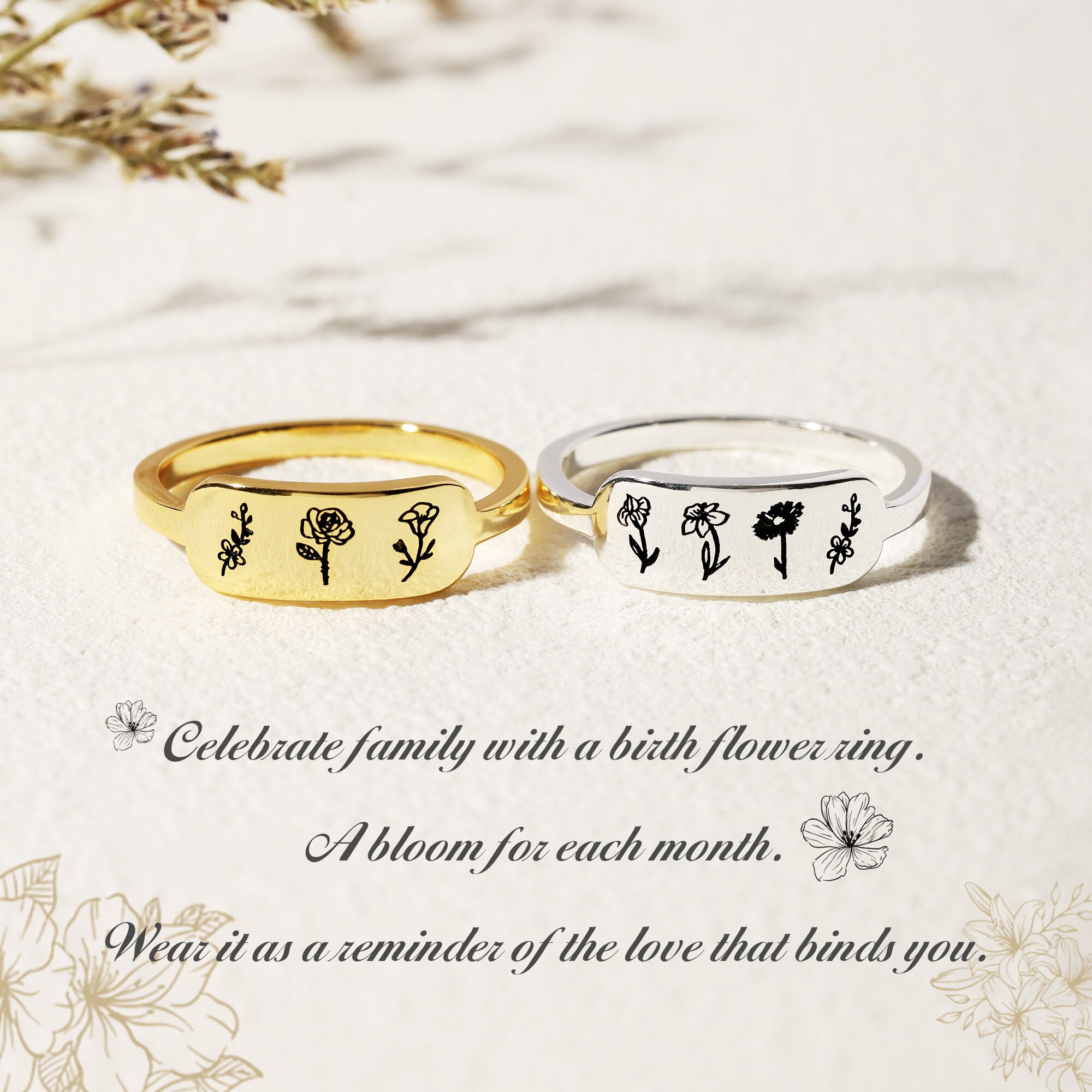 Custom Birth Flower Band, Engraved Birth Flower Ring, Multiple Birth ...