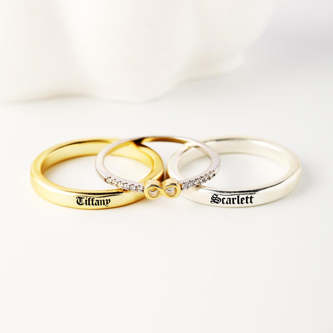 Custom Stacking Name Rings, Diamond Infinity Ring With Gothic Name Ring Set, Personalized Name ...