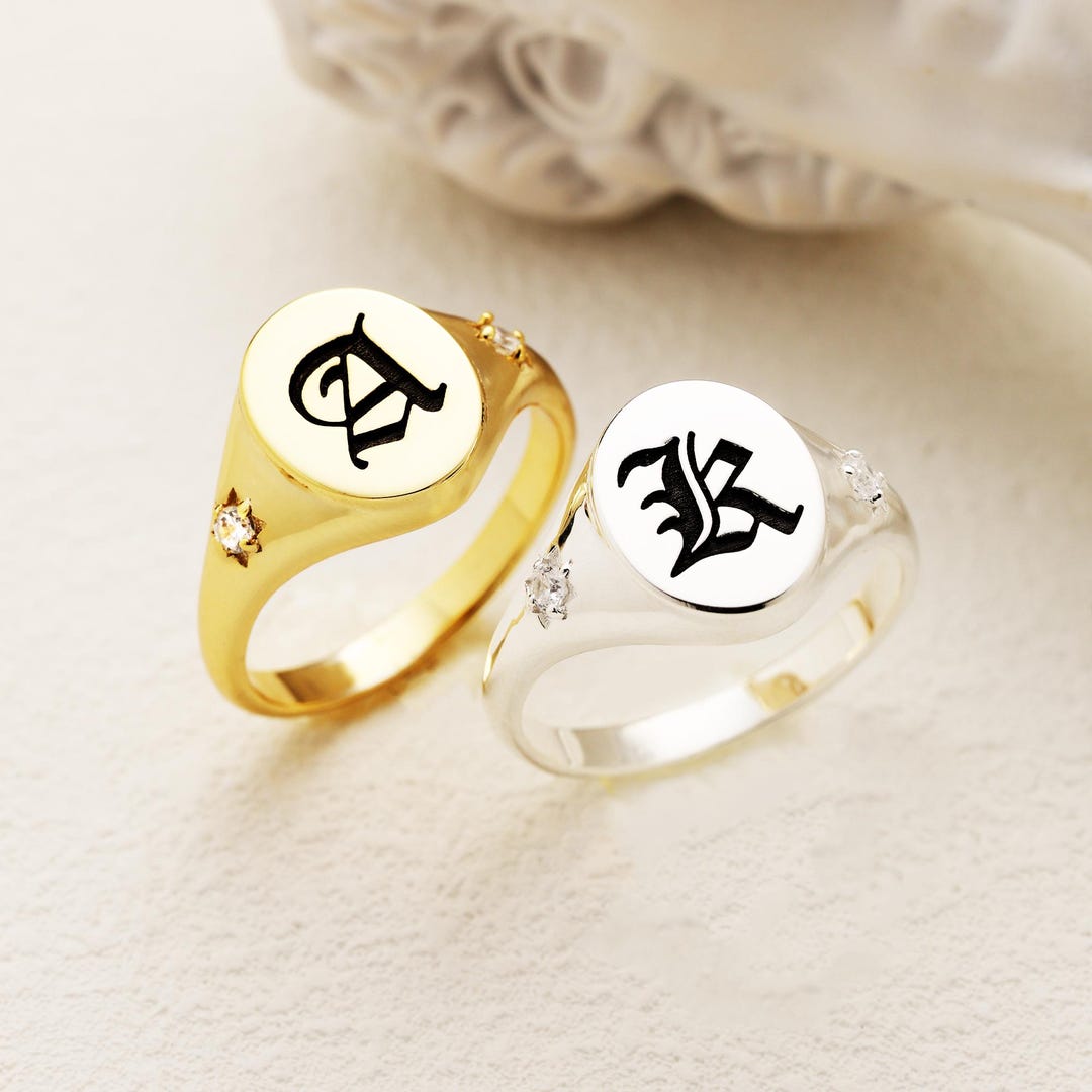 Custom Old English Font Ring, Engraved Signet Ring, Gold Letters Rings ...