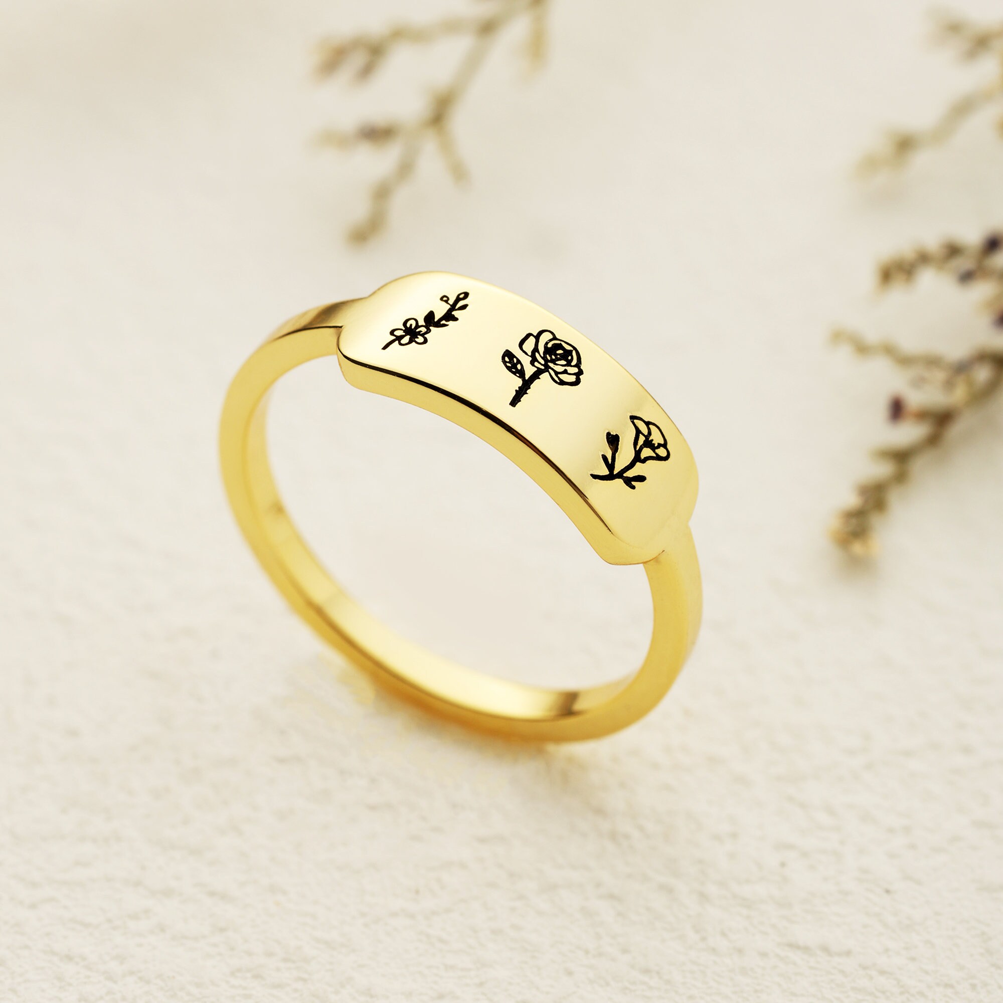 Custom Birth Flower Band, Engraved Birth Flower Ring, Multiple Birth ...
