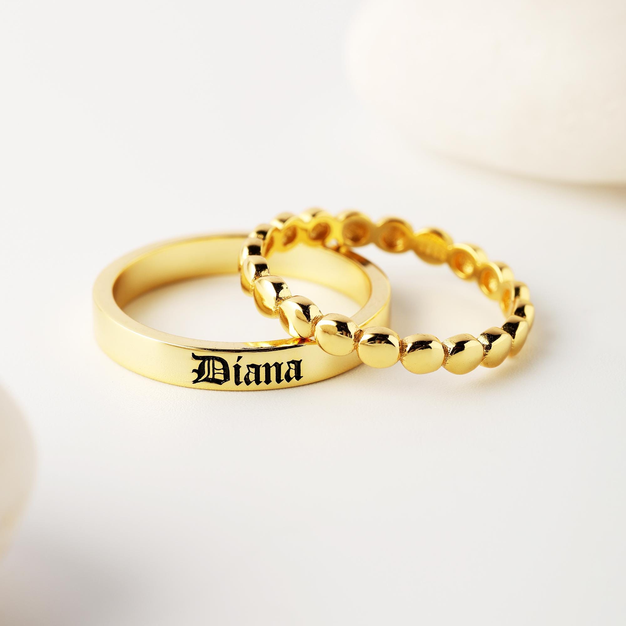 Gothic Name Ring Set, Old English Name Ring, Stackable Ring, Custom Gothic Old English Name Band ...