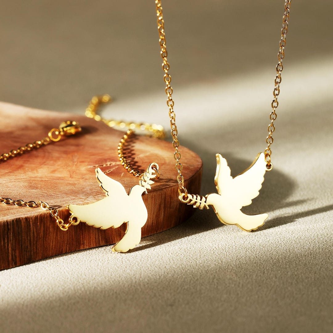 Dainty Dove Bird Jewelry Set, Dove With Olive Branch Pendant, Bird of ...