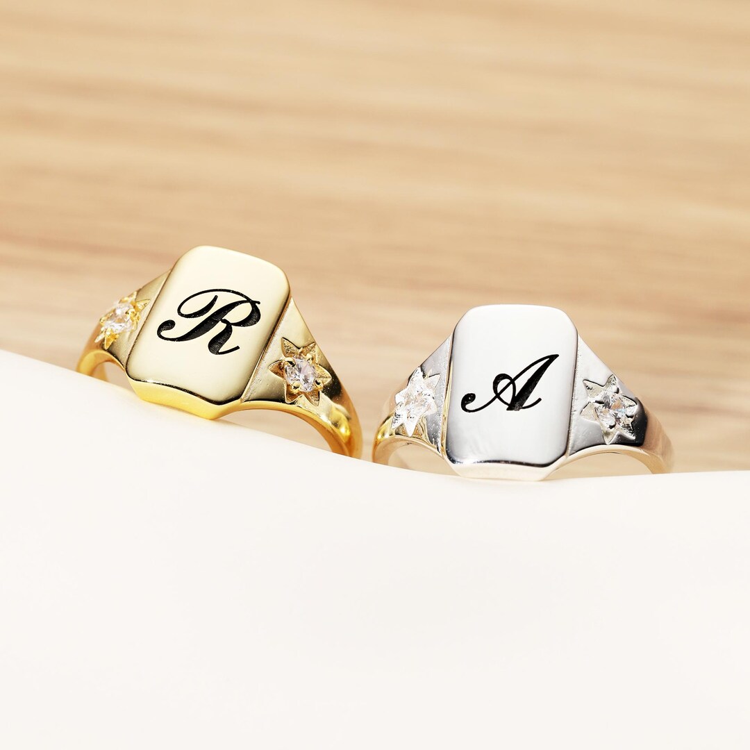 Custom Initial Signet Ring, Engraved Letter Square Ring, Personalized ...