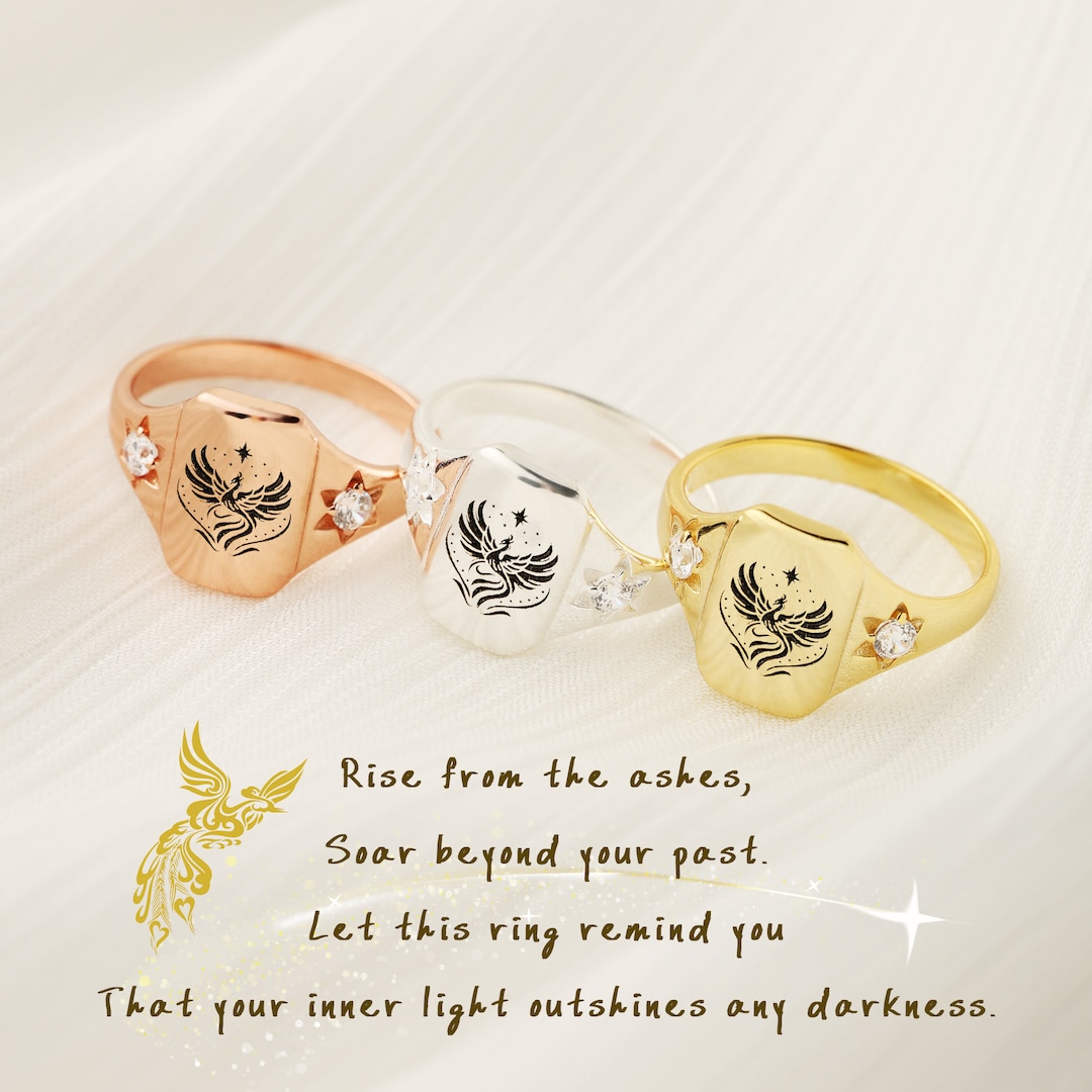 Gold Phoenix Ring, Spiritual Ring, Phoenix Signet Ring, Engraved Square ...