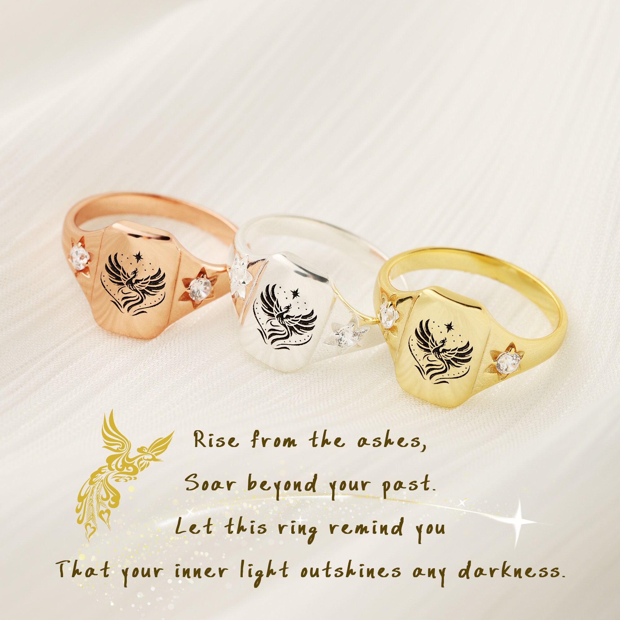 Gold Phoenix Ring, Spiritual Ring, Phoenix Signet Ring, Engraved Square ...