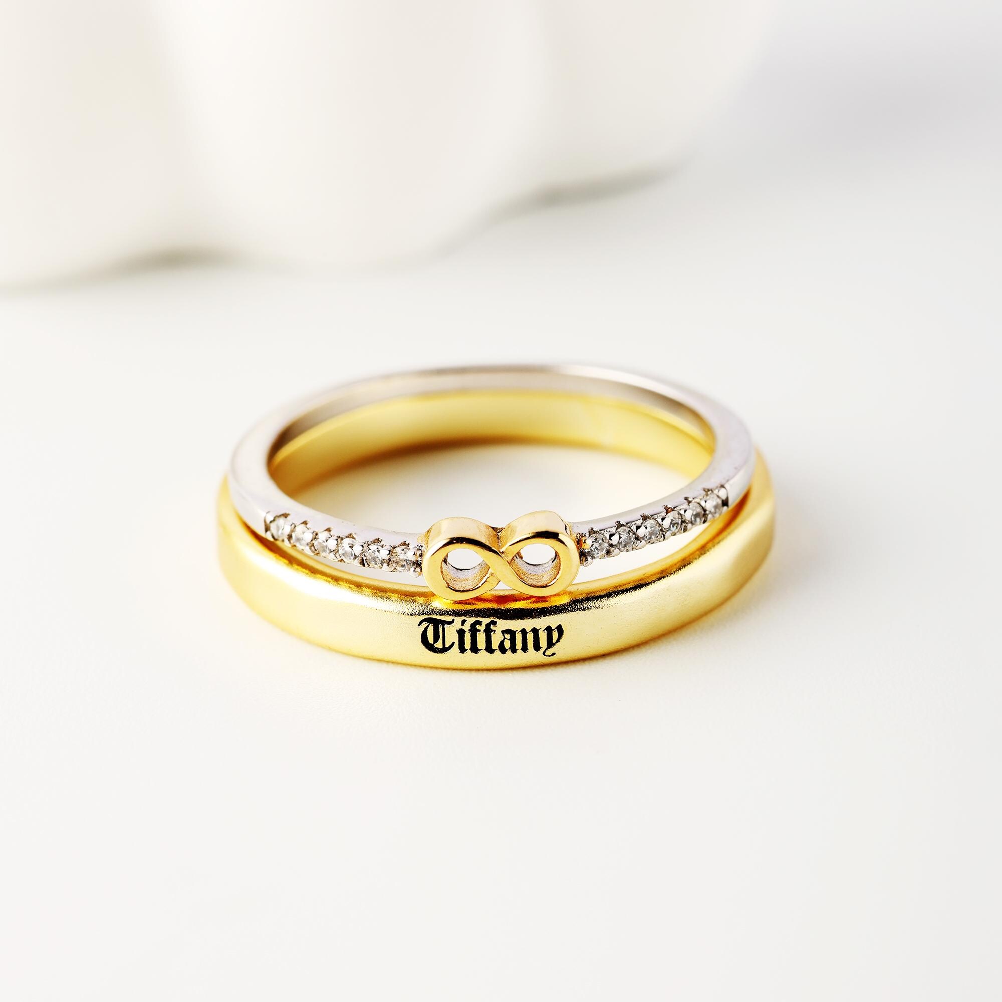 Custom Stacking Name Rings, Diamond Infinity Ring With Gothic Name Ring ...