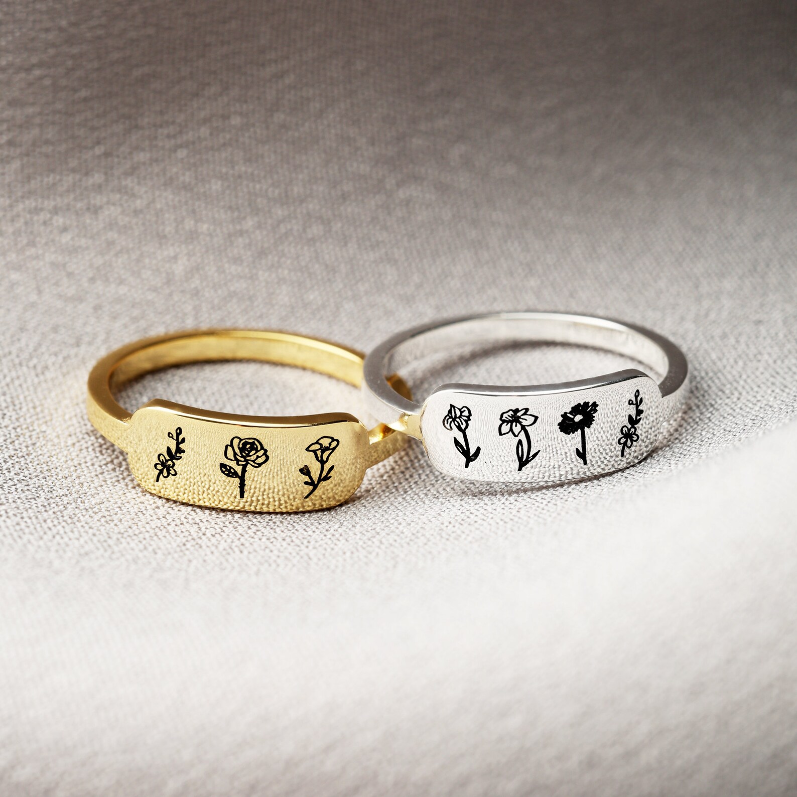 Custom Birth Flower Band, Engraved Birth Flower Ring, Multiple Birth ...