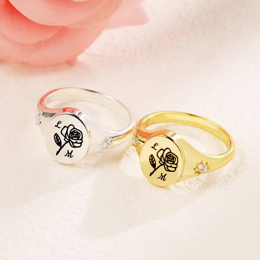 Custom Personalized Birth Flower Ring, Engraved Letter and Birth Flower ...