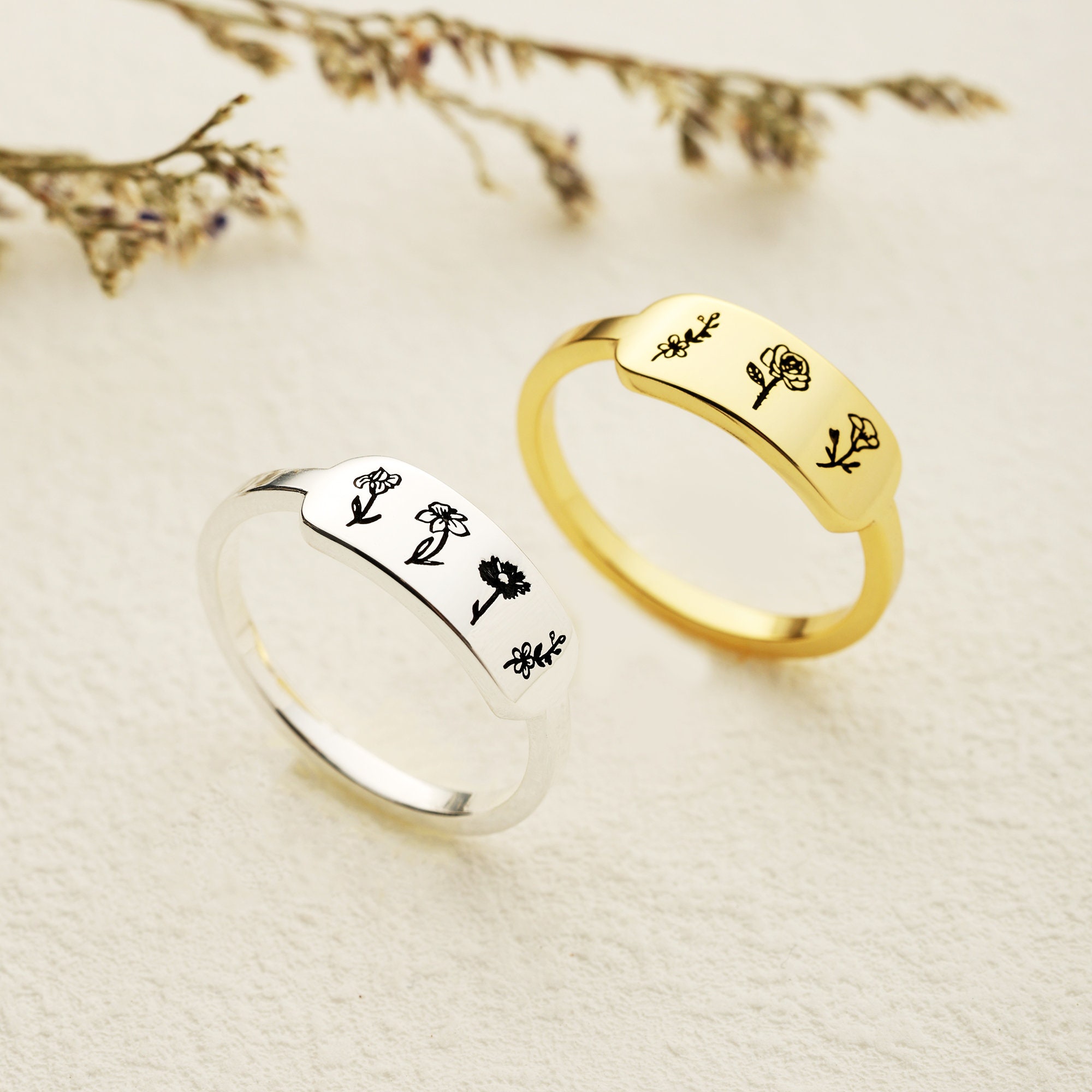 Custom Birth Flower Band, Engraved Birth Flower Ring, Multiple Birth ...