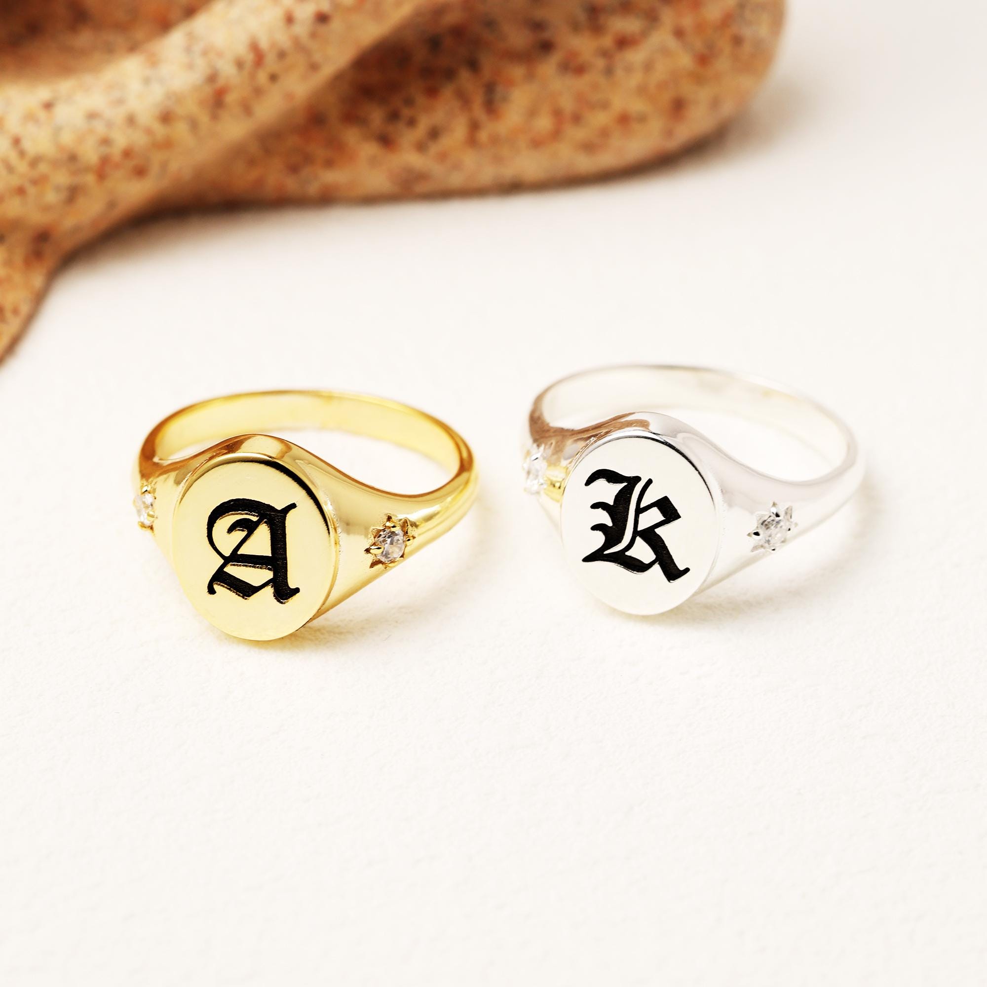 Custom Old English Font Ring, Engraved Signet Ring, Gold Letters Rings ...